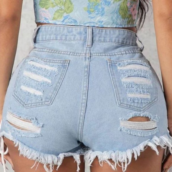 Shorts | Jean Short Denim Short Ripped Lace Up And Raw Hem | Poshmark
